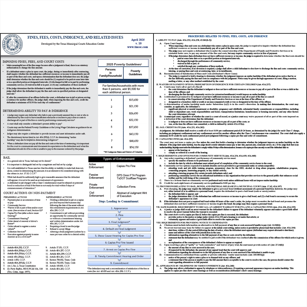 Laminated Bench Card: Fines, Fees, Costs & Indigence (Updated for 2025 ...